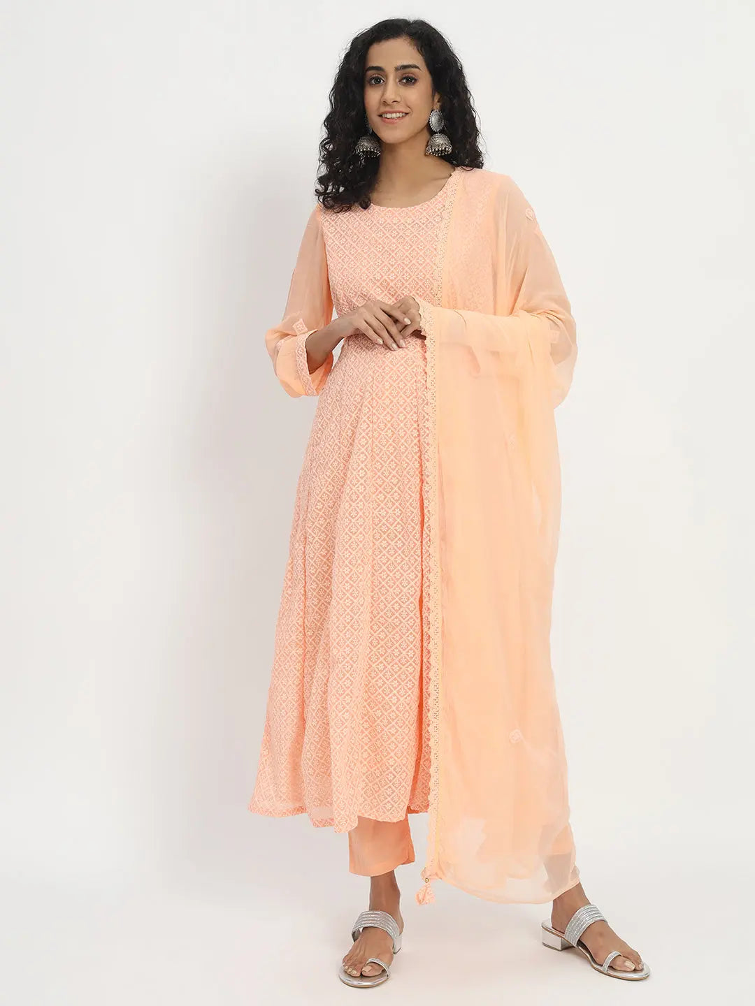 Buy GEORGETTE CHIKANKARI ANARKALI SET WITH PANT AND DUPATTA FOR